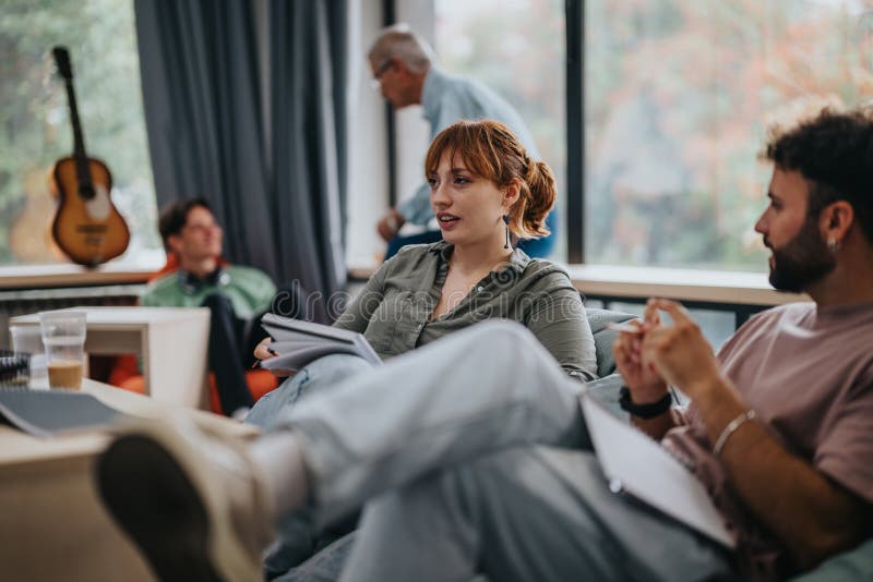 Professor Engaging with Students in a Relaxed Classroom Setting Stock ...