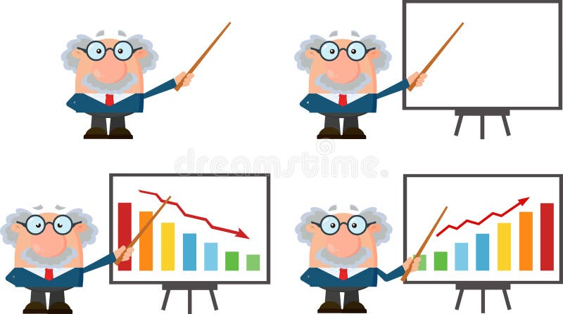 Professor or Scientist Cartoon Character with Pointer Presenting on a ...