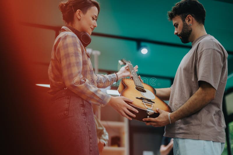 Professor and Student Sharing Guitar in Music Classroom Stock Image ...