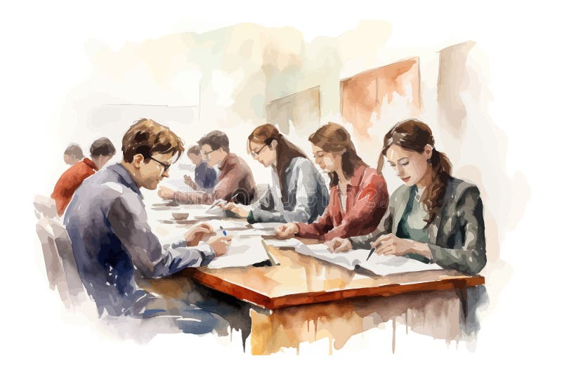 Professor and Students Getting Settled in Lecture Hall. Vector ...