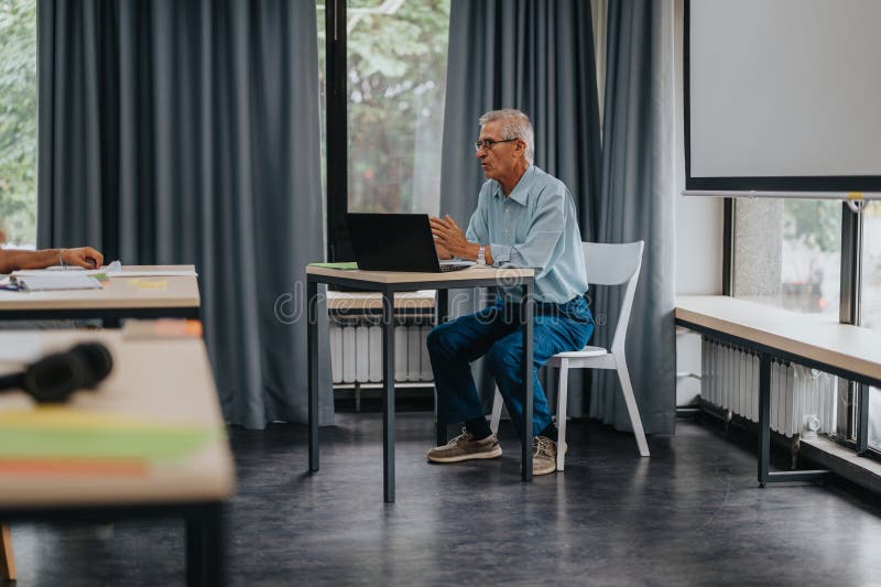 Professor Teaching Students in a Cozy Modern Classroom Setting Stock ...
