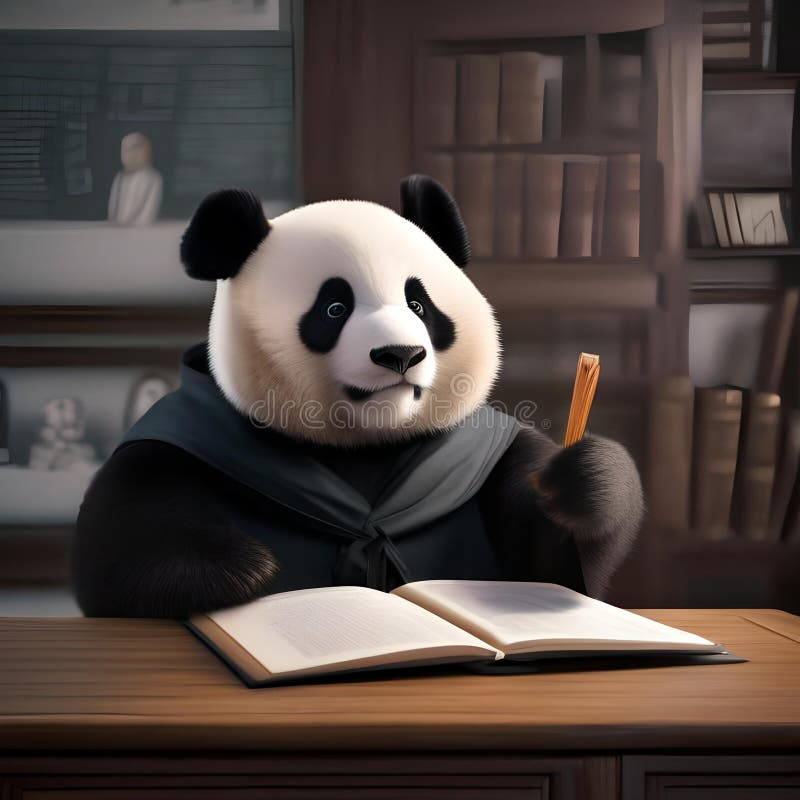 A Professorial Panda in Academic Robes, Lecturing in Front of a Tiny ...