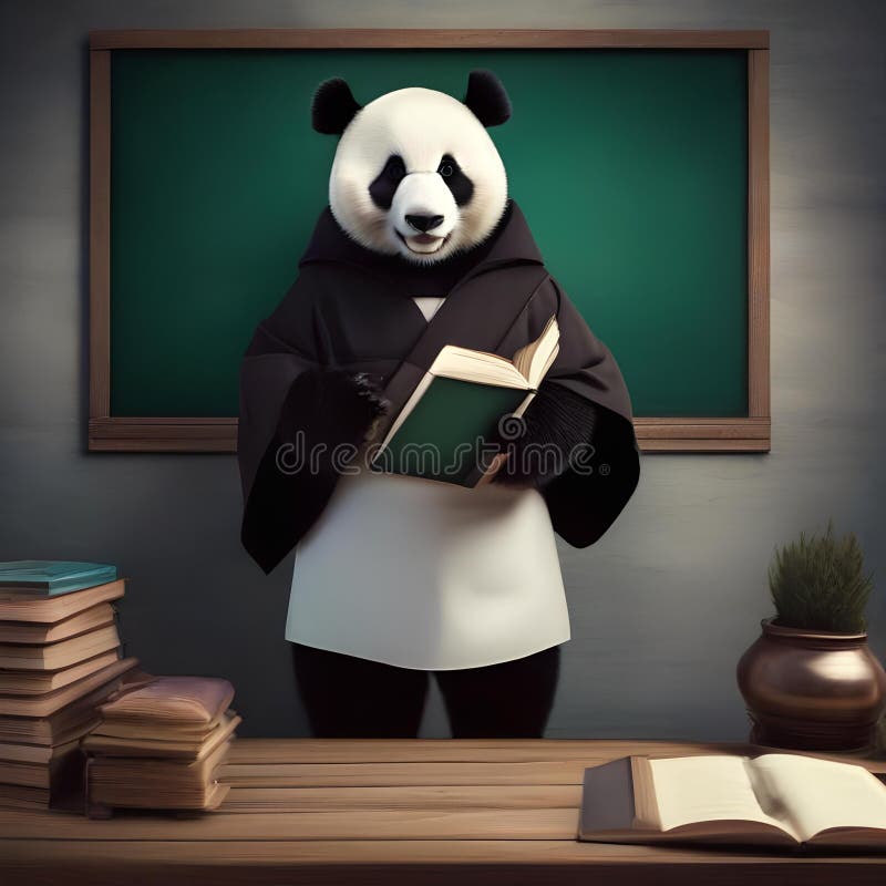 A Professorial Panda in Academic Robes, Lecturing in Front of a Tiny ...