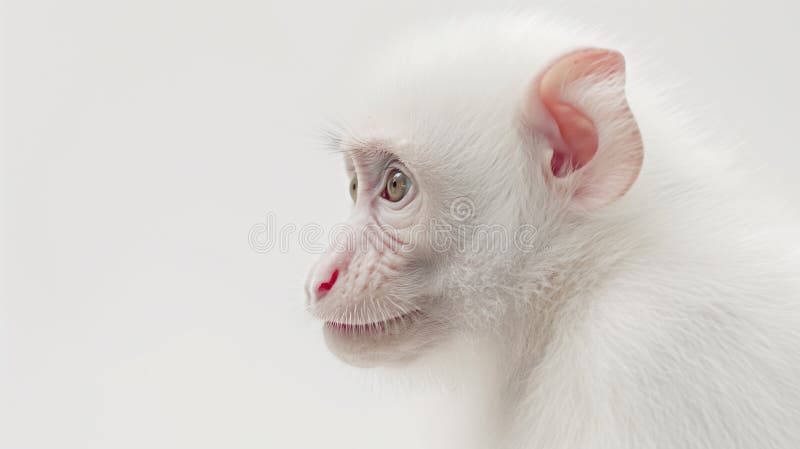 Profile of an Albino Monkey with White Fur, Pink Ears, and a Thoughtful ...