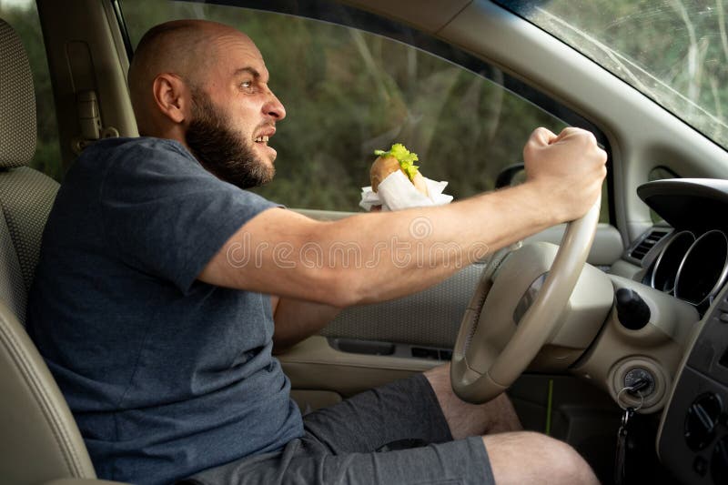 Profile Angry Driver Eating in the Car. Negative Human Emotions Face ...