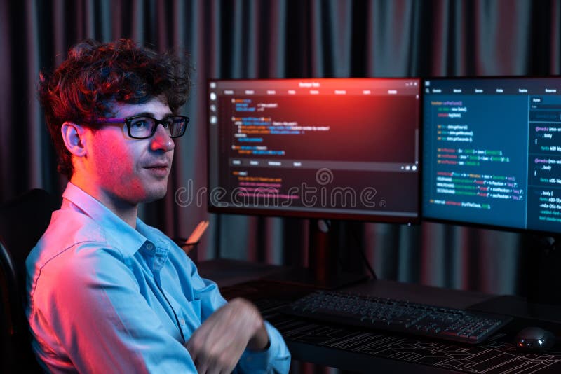 Profile of it Developer Sitting Against on Software Codding Monitor ...