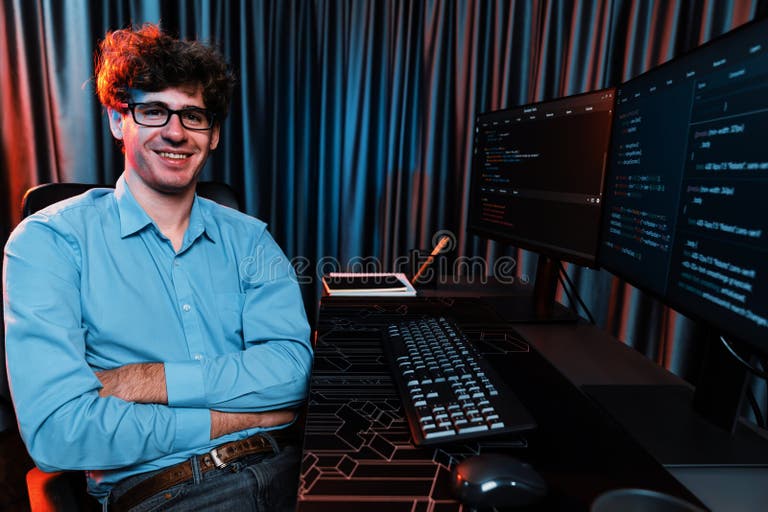 Profile of it Developer Sitting Against on Software Codding Monitor ...