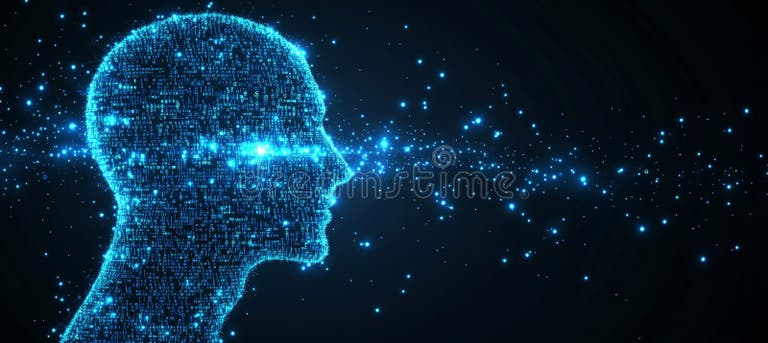 Profile of Glowing Blue Head with Circuit Paths and Binary Numbers on a Dark Sapphire Background ...