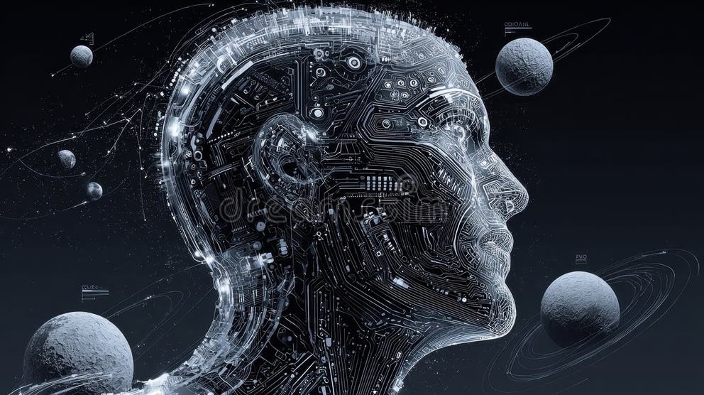 Profile of a Human Head Filled with Intricate Robotic Circuitry and ...