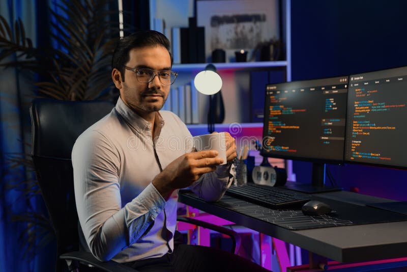 Profile it Looking Camera Holding Coffee Cup at Neon Cyber Office. Surmise. Stock Photo - Image ...