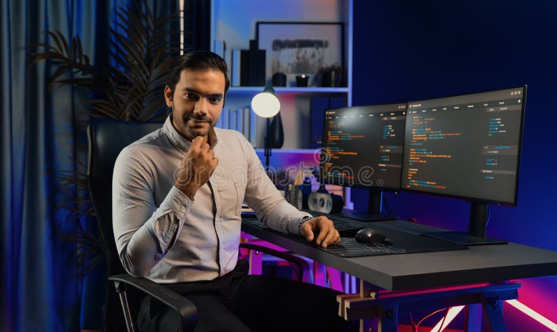 Profile it Looking Camera To Pose at Neon Light Cyber Room Office ...