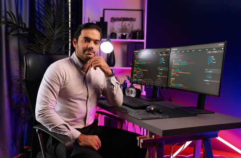 Profile it Looking Camera To Pose at Neon Light Cyber Room Office ...