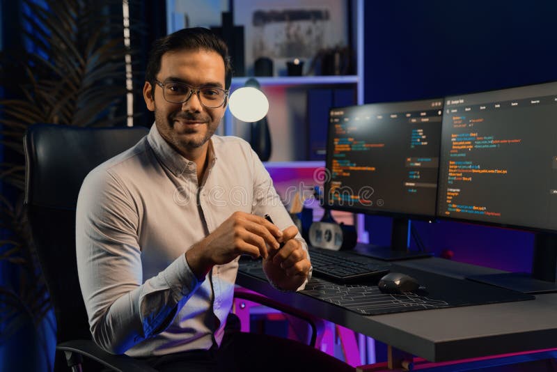 Profile it Looking Camera To Pose at Neon Light Cyber Room Office ...