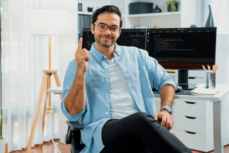 Profile it Looking Camera Wearing Glasses Against Coding on Pc. Surmise ...