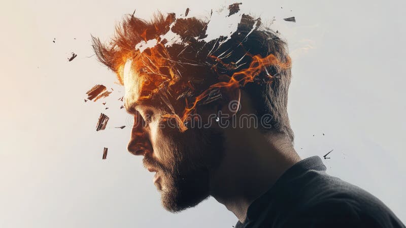 Profile of a Man with Fire and Fragments Exploding from His Head ...