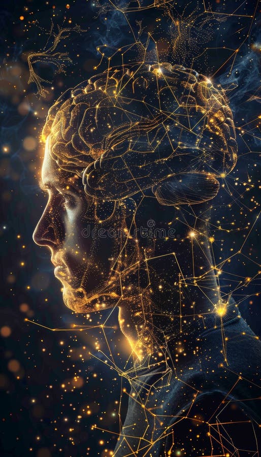 Profile of a Man with a Glowing Brain and Golden Neural Pathways ...