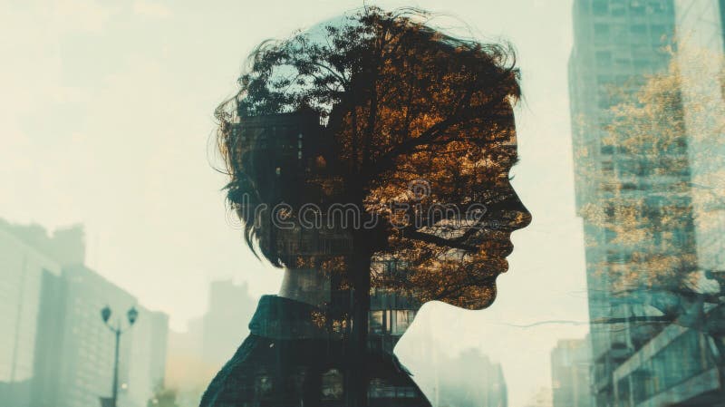 Profile of Person with Tree Double Exposure in Urban Setting Stock ...
