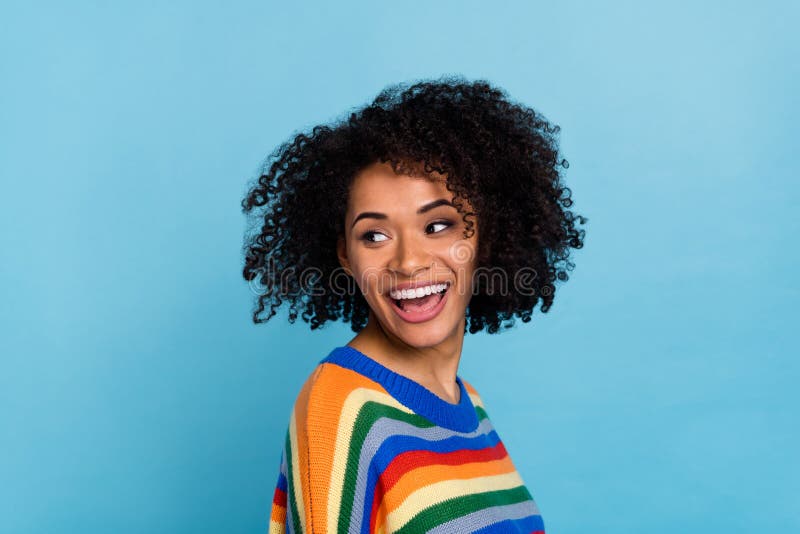 Profile Photo Of Cute Curly Hairdo Lady Look Back Wear Colorful
