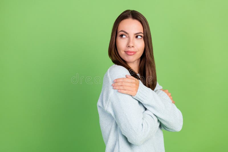 Profile Photo Of Cute Young Brunette Lady Hug Herself Look Wear Jumper