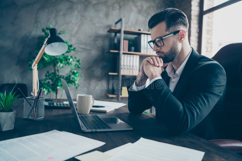 Profile Photo of Focused Business Brunet Guy Looking Notebook Table ...