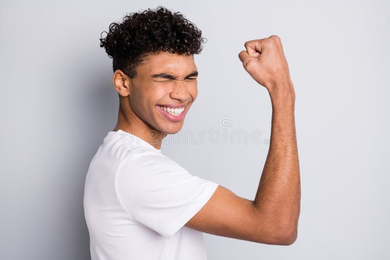 Profile Portrait Of Brunet Optimistic Curly Guy Show Muscle Laugh Wear