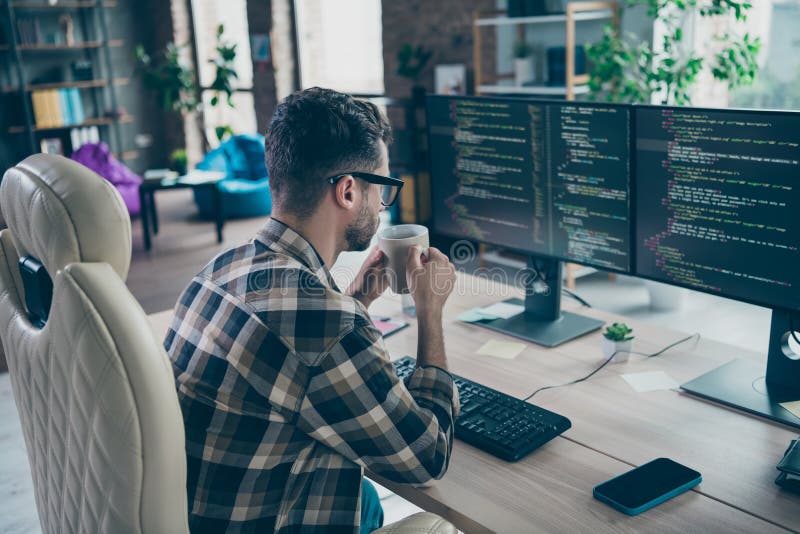 Profile Portrait of Clever Cybersecurity Expert Sitting Chair Hold Tea ...