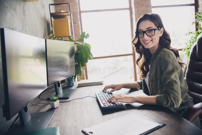 Profile Portrait of Intelligent Positive Hardware Expert Sitting Chair Keyboard Typing Database ...