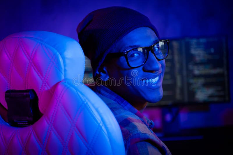 Profile Portrait of Positive Hacker Guy Sitting Chair Toothy Smile ...