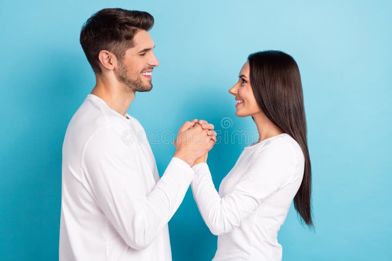 Profile Portrait Of Two Idyllic Peaceful People Hold Hands Toothy Smile