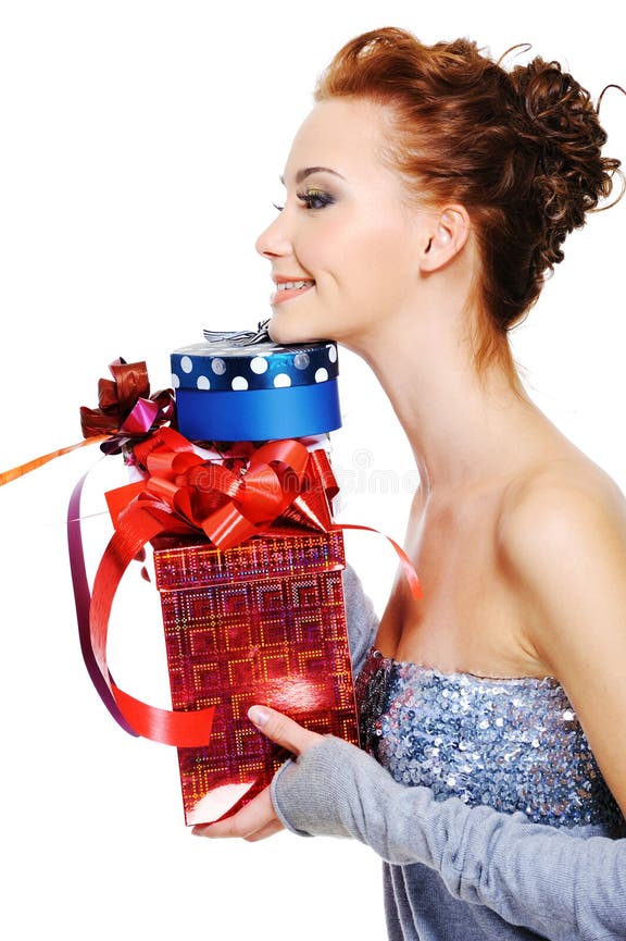 Profile Portrait of a Woman with Gift Boxes Stock Photo - Image of ...