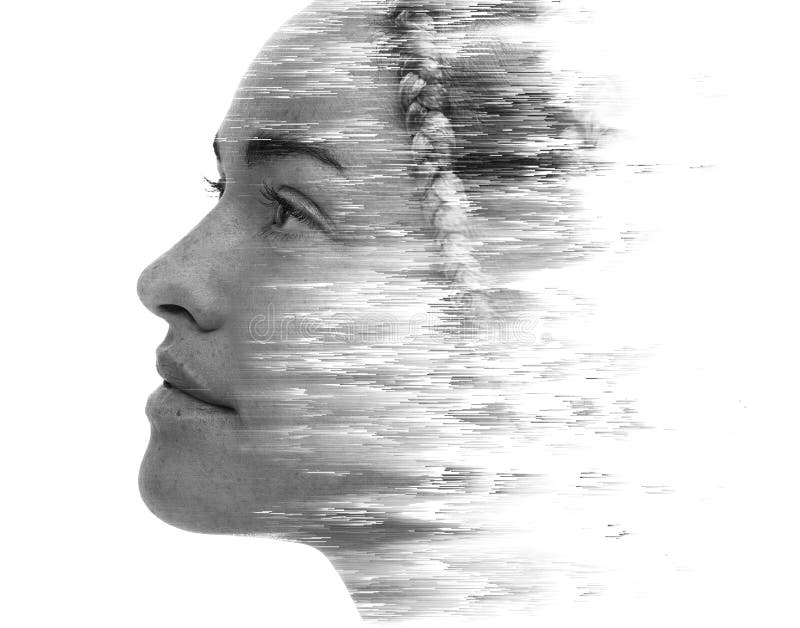 A Profile Portrait of a Woman with Visual Distortion. Double Exposure ...
