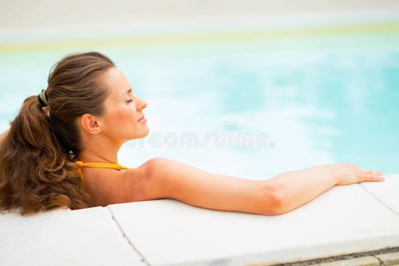 Profile Relaxed Young Woman Laying in Pool Stock Photo - Image of basin ...