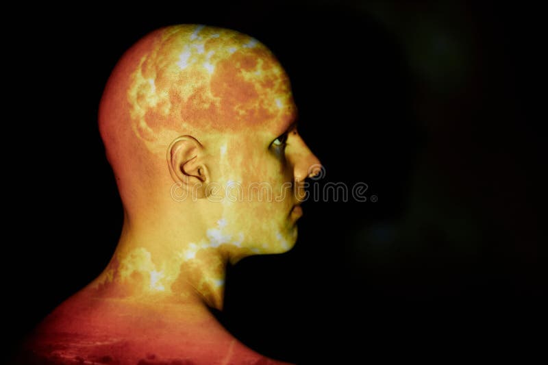 Flames from Atomic Explosion Projected on Profile of Bald Man Standing ...
