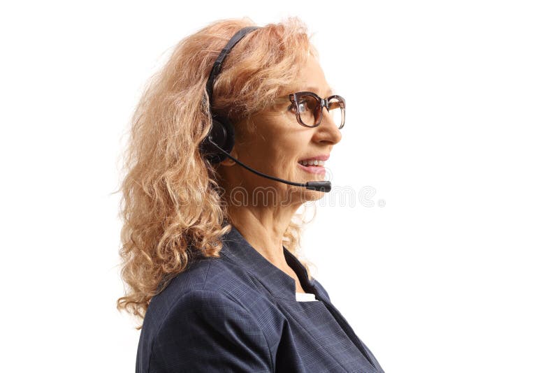 Profile Shot of a Female Dispatcher with a Headset and Microphone Stock ...
