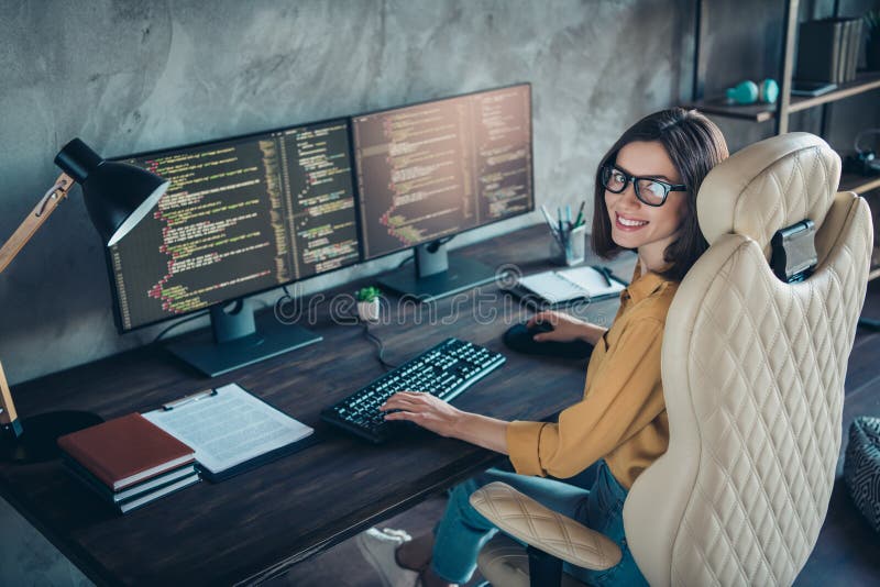 Profile Side View of Attractive Cheerful Skilled Girl Typing Editing ...