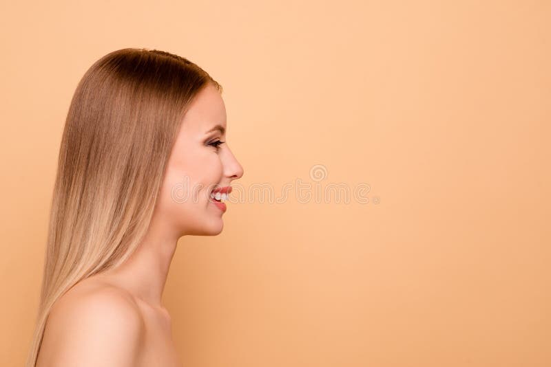Profile Side View Photo Positive Cheerful Lady Feel Satisfied Content