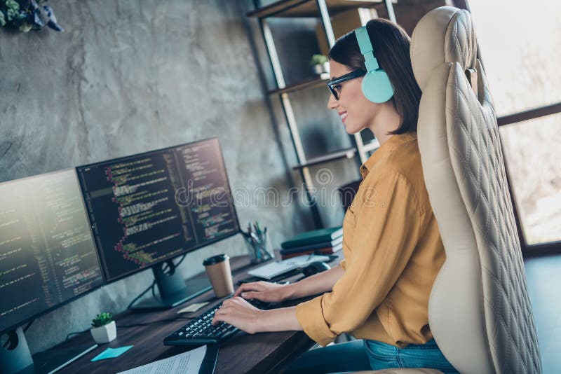 Profile Side View Portrait of Attractive Cheery Girl Editing Data ...