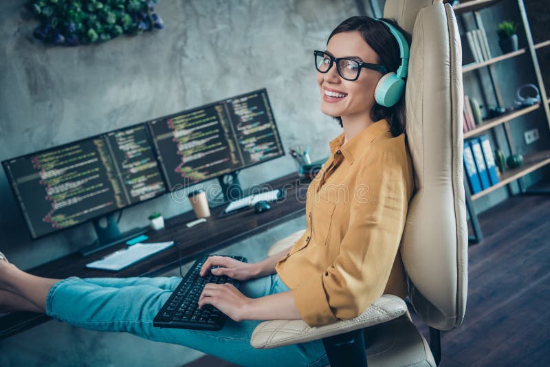 Profile Side View Portrait of Attractive Cheery Skilled Girl Geek Nerd ...