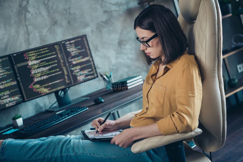 Profile Side View Portrait of Attractive Focused Girl Expert Writing ...