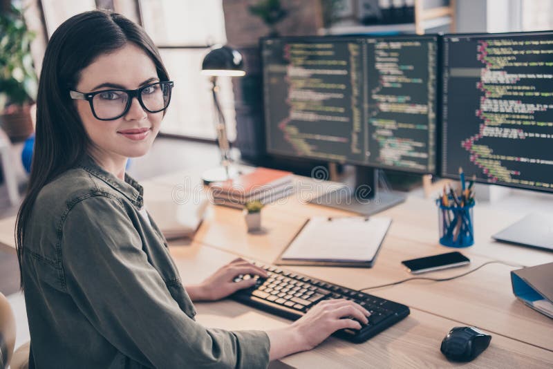 Profile Side View Portrait of Attractive Skilled Cheery Girl Tech ...