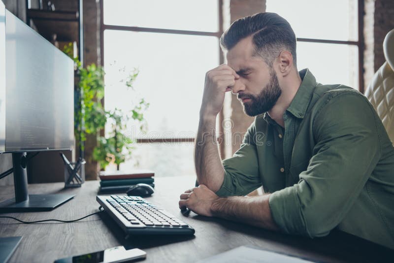 Profile Side View Portrait of Attractive Tired Guy Writing Solving Task ...