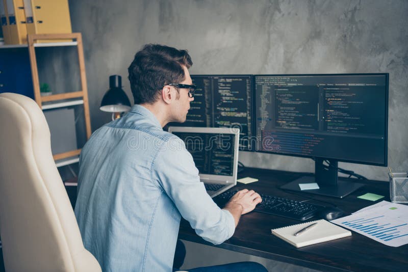 Profile Side View Portrait of His he Nice Focused Geek Guy Tech ...