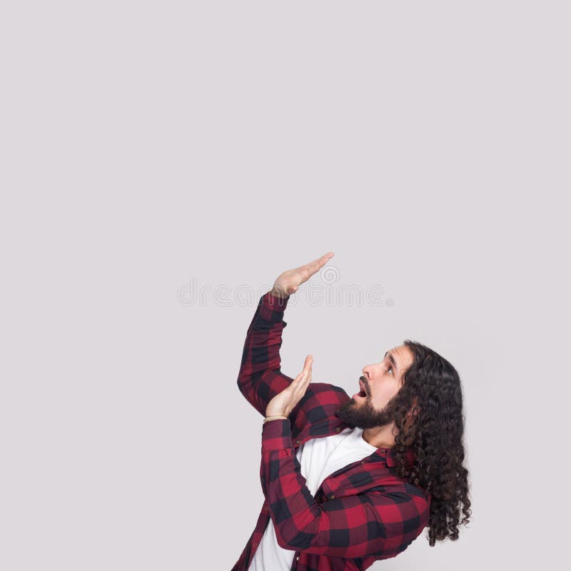 Profile Side View of Scared Man with Beard and Black Long Curly Stock ...