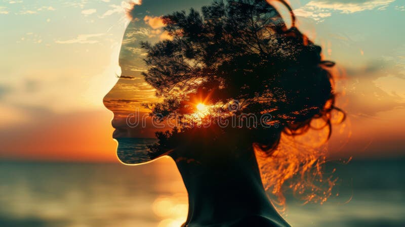 Profile Silhouette of Woman Against Sunset, Face Superimposed with Tree ...