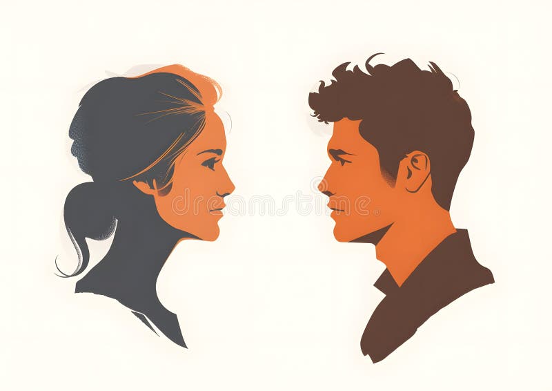 Silhouette Of Man And Woman Facing Each Other With Neutral Background