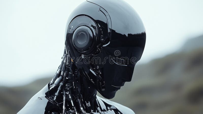 Profile of a Sleek Black Android with Exposed Neck Mechanics. Stock ...