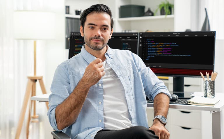 Profile Smart it Developer Looking Camera Against on Coding Pc Screen ...