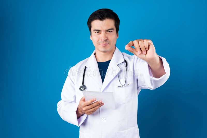 Profile Doctor Holding Transparent Tablet Looking at Camera Pose ...
