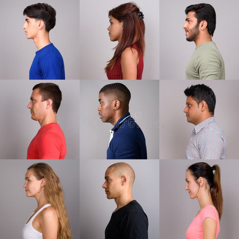 Profile View Collage of People Faces Against Studio Background Stock ...