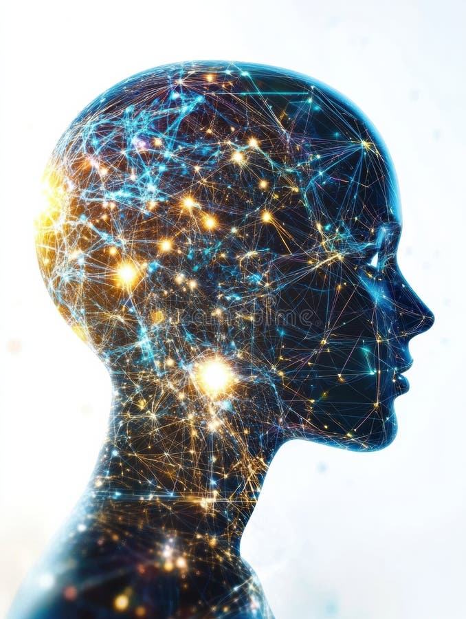 Profile View of Human Head with Neural Connections and Glowing Synapses ...